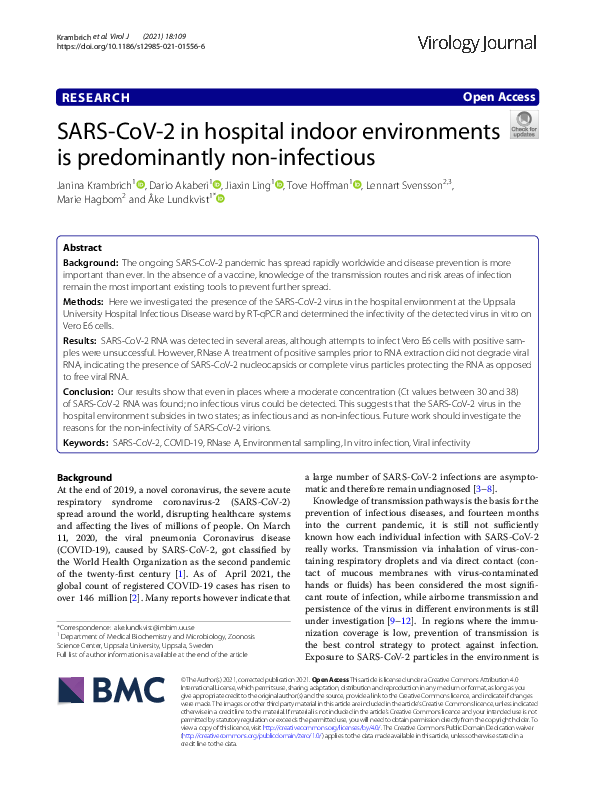 (PDF) SARS-CoV-2 in hospital indoor environments is predominantly non ...