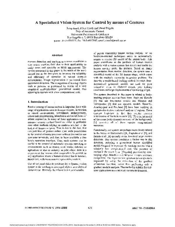 (PDF) A specialized vision system for control by means of gestures