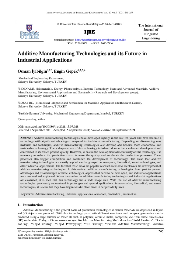 (PDF) Additive Manufacturing Technologies and Its Future in Industrial ...