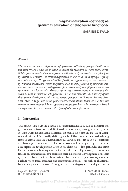 (PDF) Pragmaticalization (defined) as grammaticalization of discourse functions