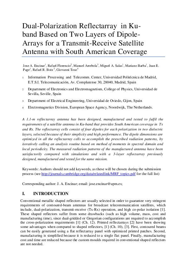 (PDF) Dual-polarization reflectarray in Ku-band based on two layers of dipole arrays for a ...