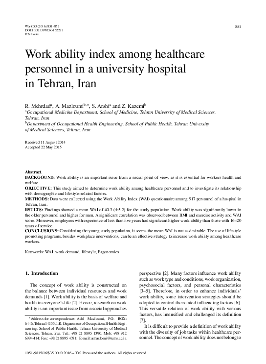 (PDF) Work ability index among healthcare personnel in a university ...