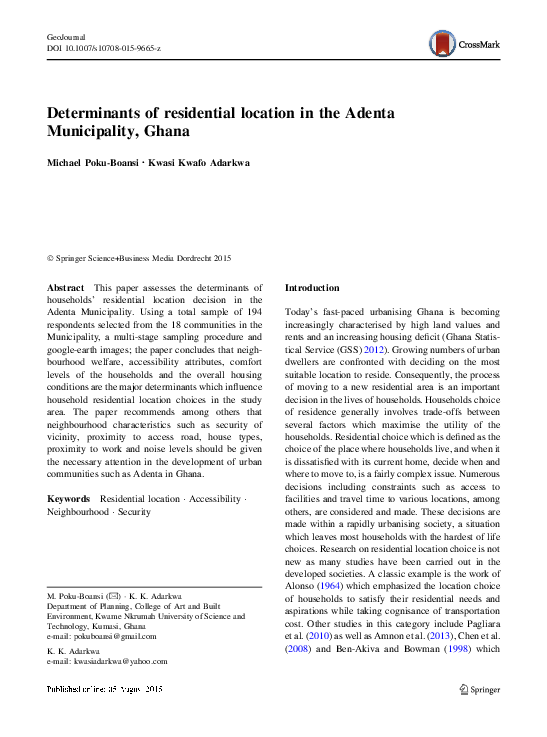 (PDF) Determinants of residential location in the Adenta Municipality ...