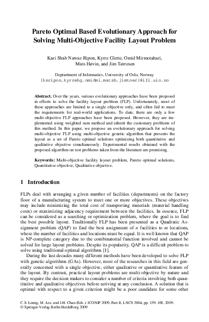 Pdf Pareto Optimal Based Evolutionary Approach For Solving Multi Objective Facility Layout