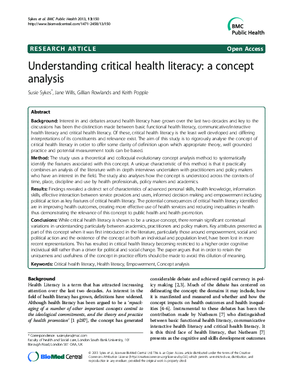 (PDF) Understanding critical health literacy: a concept analysis