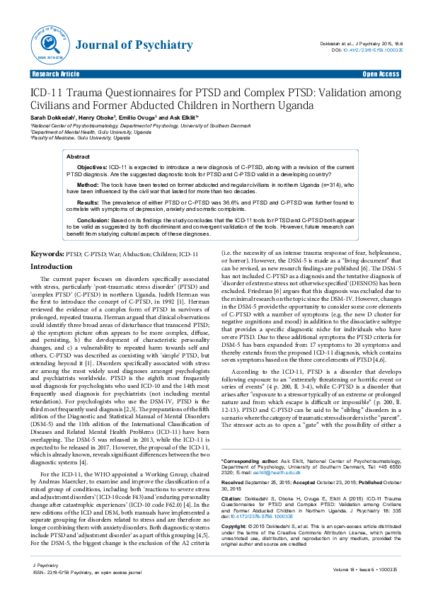 (PDF) ICD-11 Trauma Questionnaires for PTSD and Complex PTSD: Validation among Civilians and ...