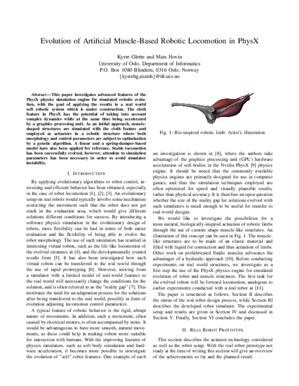 (PDF) Evolution of artificial muscle-based robotic locomotion in PhysX