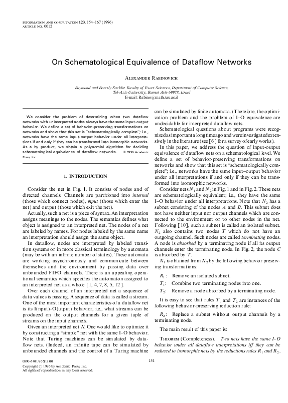Pdf On Schematological Equivalence Of Dataflow Networks Alexander Rabinovich