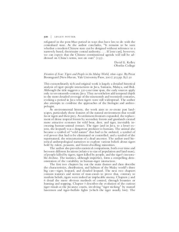 (PDF) Frontiers of Fear: Tigers and People in the Malay World, 1600 ...