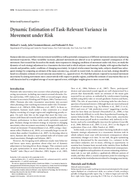 (PDF) Dynamic Estimation of Task-Relevant Variance in Movement under Risk