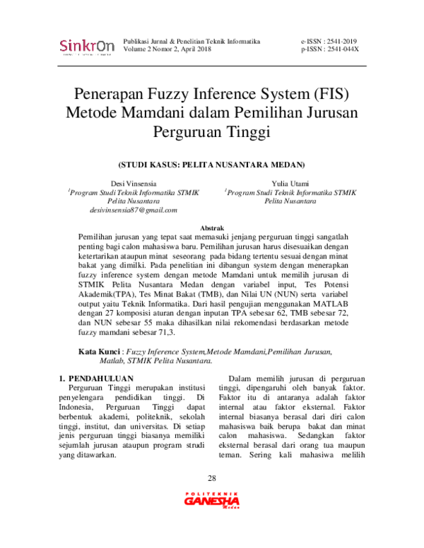 (PDF) Penerapan Fuzzy Inference System (FIS) Metode Mamdani dalam Pemilihan Jurusan Perguruan Tinggi