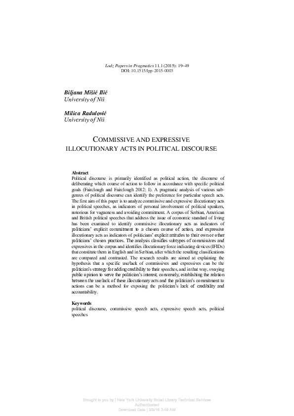 (PDF) Commissive and Expressive Illocutionary Acts in Political Discourse
