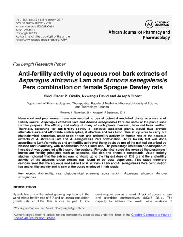(PDF) Anti-fertility activity of aqueous root bark extracts of Asparagus africanus Lam and ...