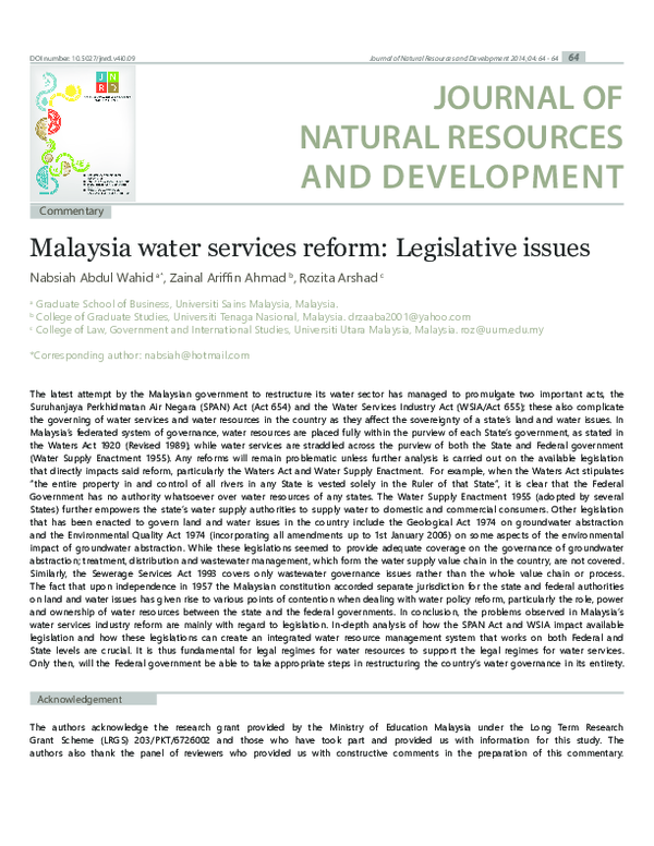 (PDF) Malaysia water services reform: Legislative issues