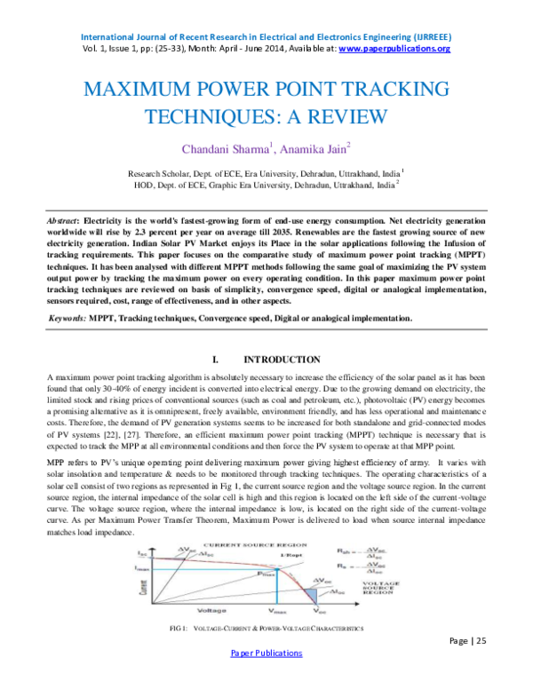 (PDF) Maximum Power Point Tracking Techniques: A Review