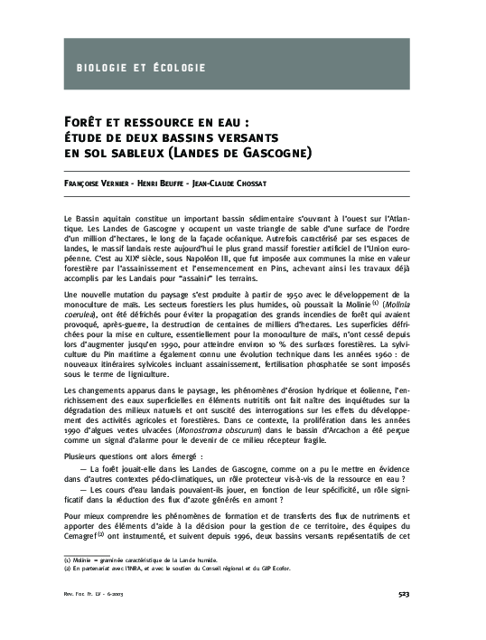 (PDF) Forêt et ressource en eau : étude de deux bassins versants en sol ...