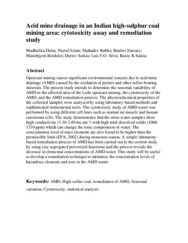 (PDF) Acid mine drainage in an Indian high-sulfur coal mining area ...