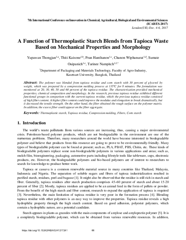 (PDF) A Function of Thermoplastic Starch Blends from Tapioca Waste Based on Mechanical ...