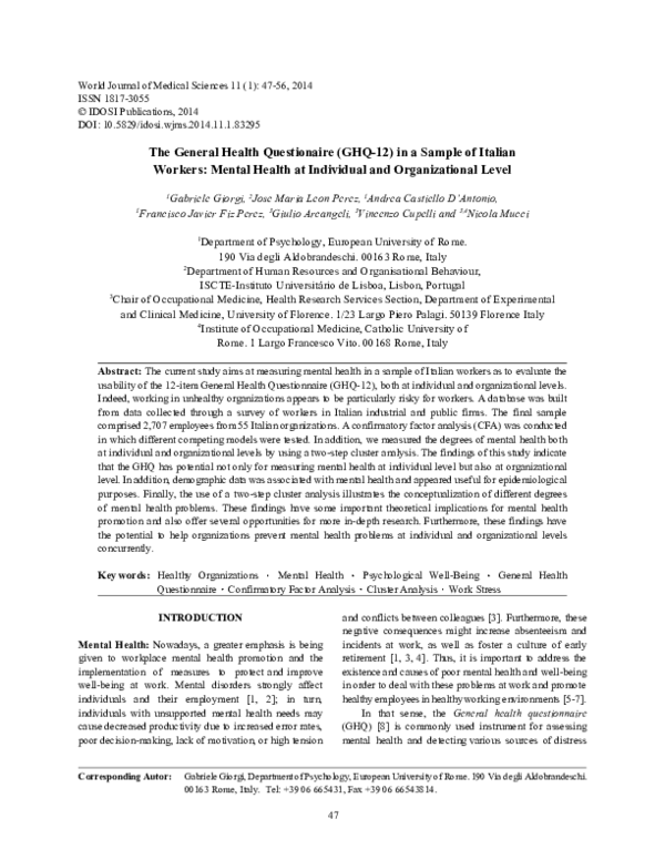 (PDF) The General Health Questionaire (GHQ-12) in a Sample of Italian ...