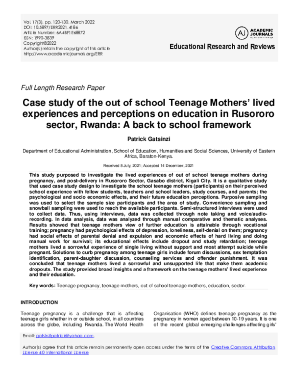 (PDF) Case study of the out of school Teenage Mothers lived experiences ...