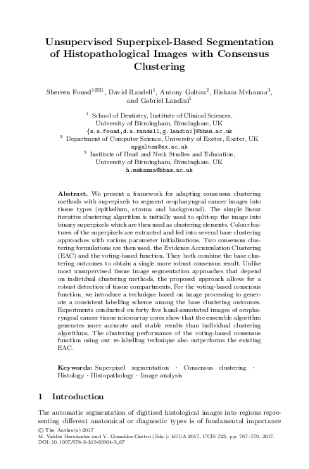 Pdf Unsupervised Superpixel Based Segmentation Of Histopathological Images With Consensus