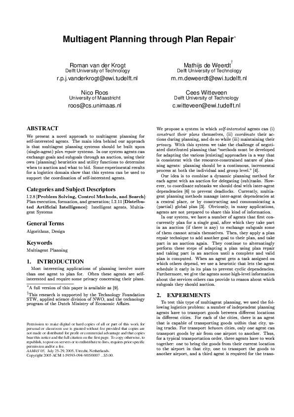(PDF) Multiagent planning through plan repair