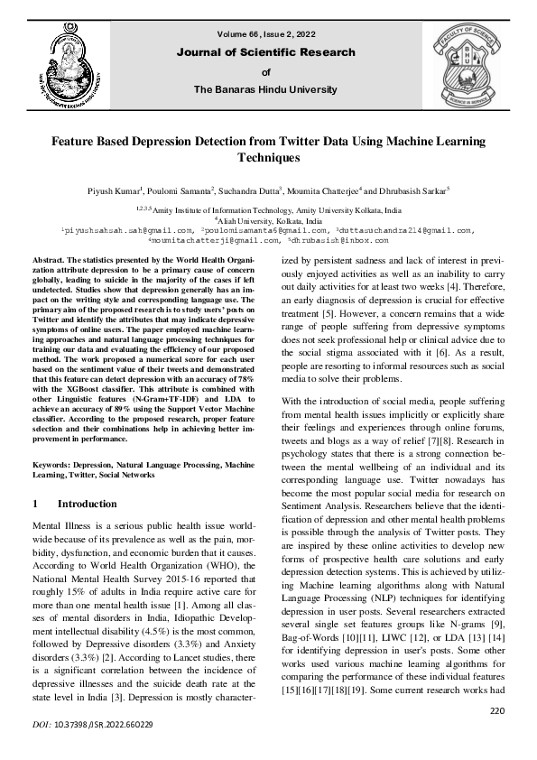 Pdf Feature Based Depression Detection From Twitter Data Using Machine Learning Techniques