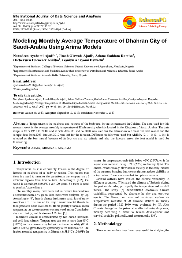 (PDF) Modeling Monthly Average Temperature of Dhahran City of Saudi ...