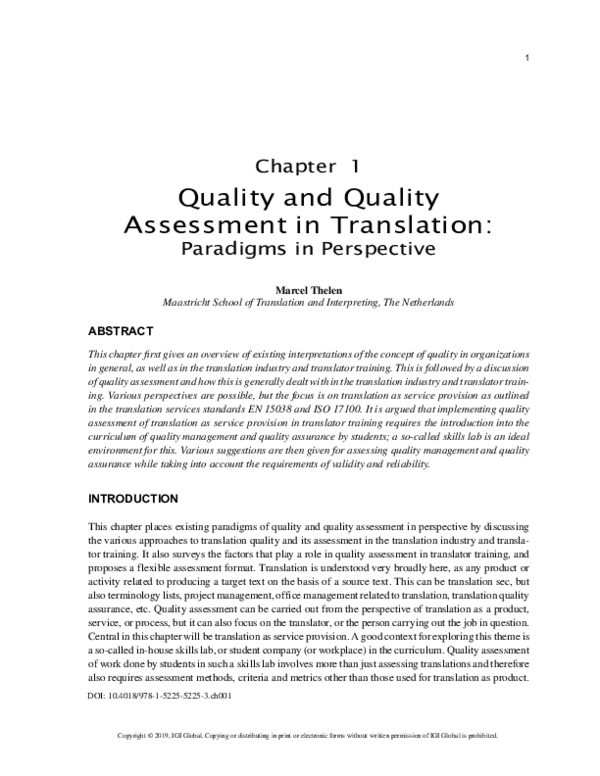 (PDF) Quality and Quality Assessment in Translation