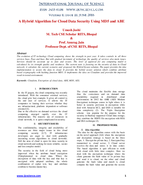 (PDF) A Hybrid Algorithm for Cloud Data Security Using MD5 and Abe