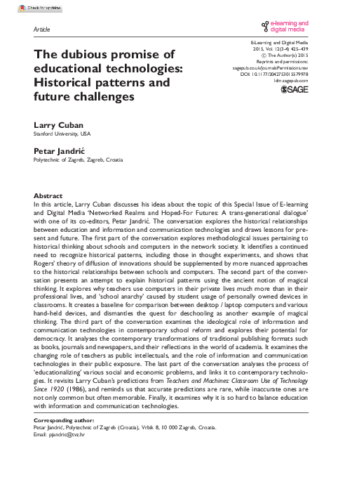 (PDF) The dubious promise of educational technologies: Historical ...