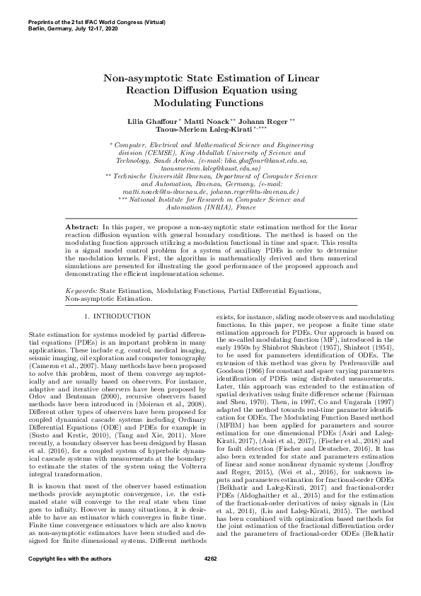 (PDF) Non-asymptotic State Estimation of Linear Reaction Diffusion Equation using Modulating ...