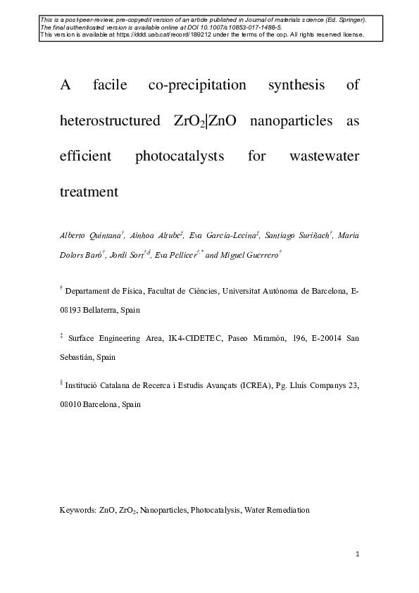 (PDF) A facile co-precipitation synthesis of heterostructured ZrO2|ZnO nanoparticles as ...