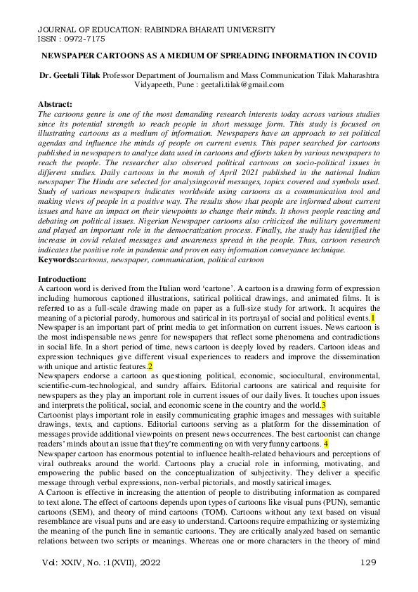 (PDF) NEWSPAPER CARTOONS AS A MEDIUM OF SPREADING INFORMATION IN COVID