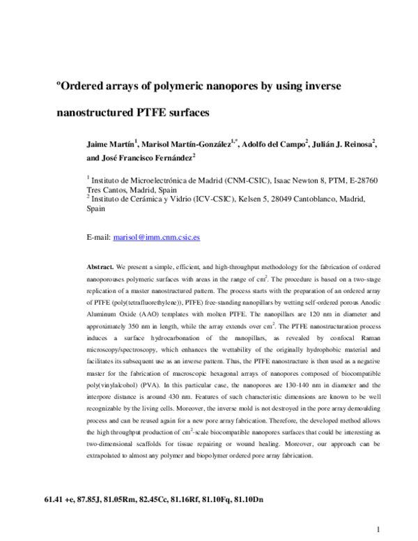 (PDF) Ordered arrays of polymeric nanopores by using inverse nanostructured PTFE surfaces
