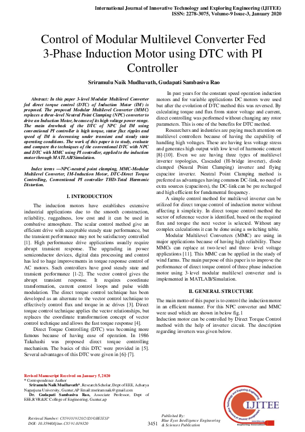 Pdf Control Of Modular Multilevel Converter Fed 3 Phase Induction Motor Using Dtc With Pi