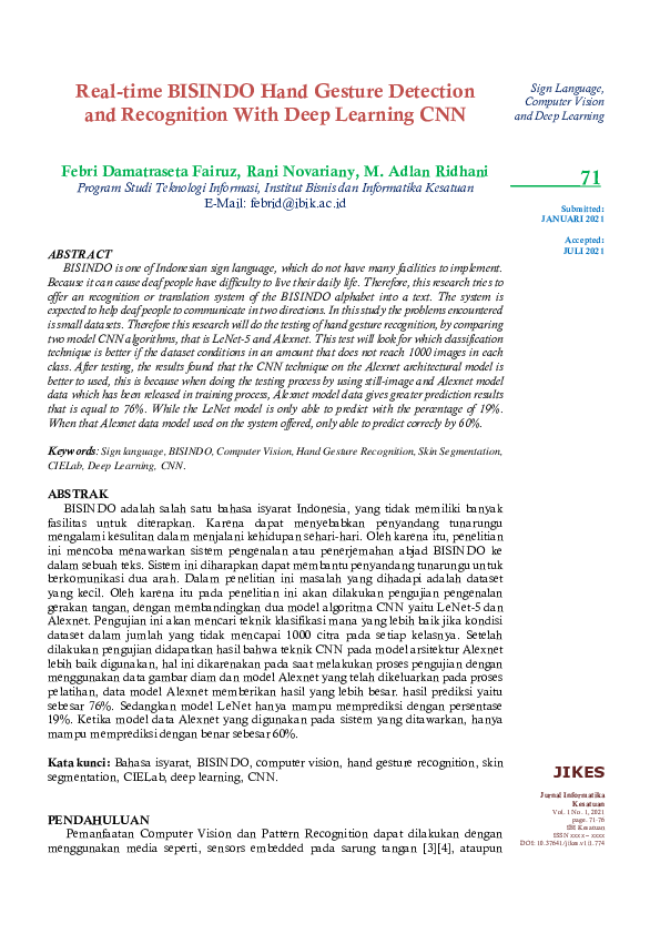 Pdf Real Time Bisindo Hand Gesture Detection And Recognition With Deep Learning Cnn
