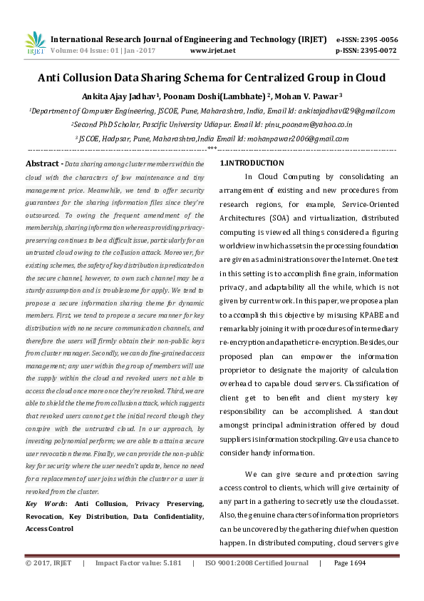 (PDF) Anti Collusion Data Sharing Schema for Centralized Group in Cloud