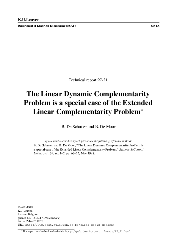 Pdf The Linear Dynamic Complementarity Problem Is A Special Case Of The Extended Linear