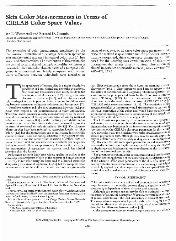 (PDF) Skin Color Measurements in Terms of CIELAB Color Space Values