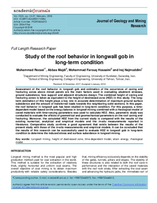 (PDF) Study of the roof behavior in longwall gob in long-term condition