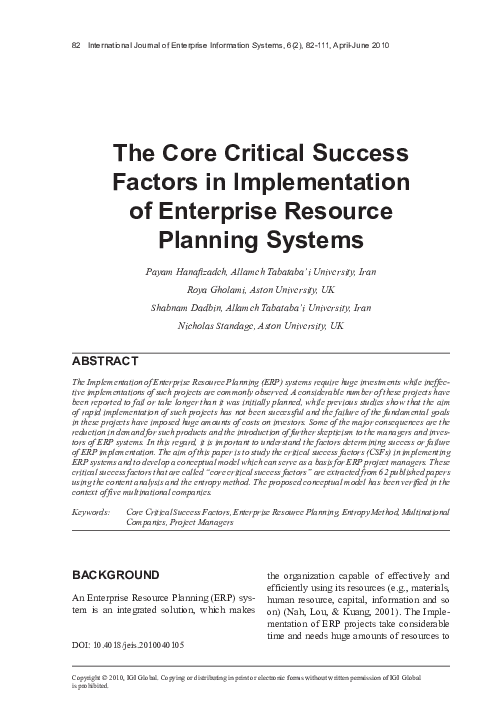 (PDF) The Core Critical Success Factors in Implementation of Enterprise Resource Planning Systems
