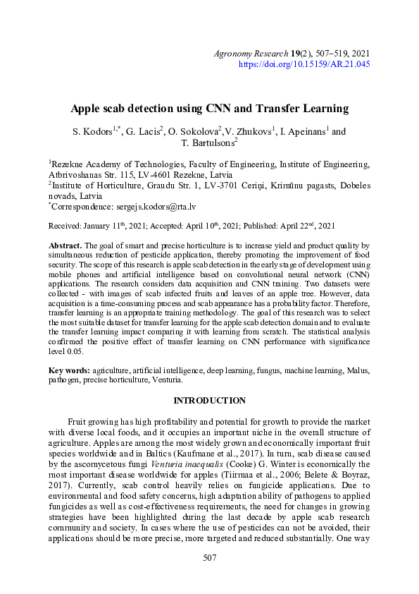 (PDF) Apple scab detection using CNN and Transfer Learning