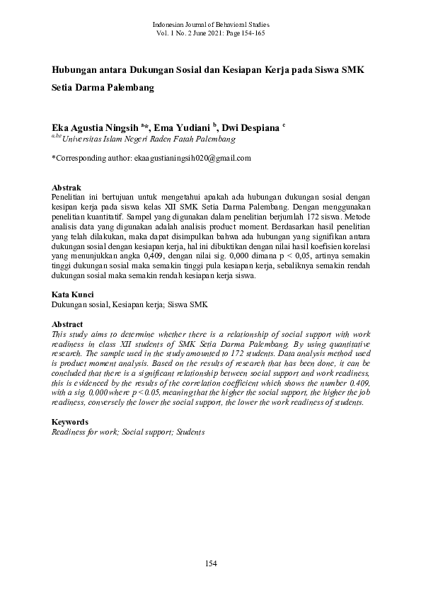 (PDF) Hubungan antara Dukungan Sosial dan Kesiapan Kerja pada Siswa SMK Setia Darma Palembang