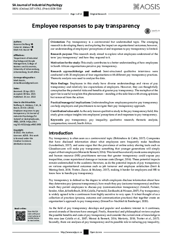 (PDF) Employee responses to pay transparency