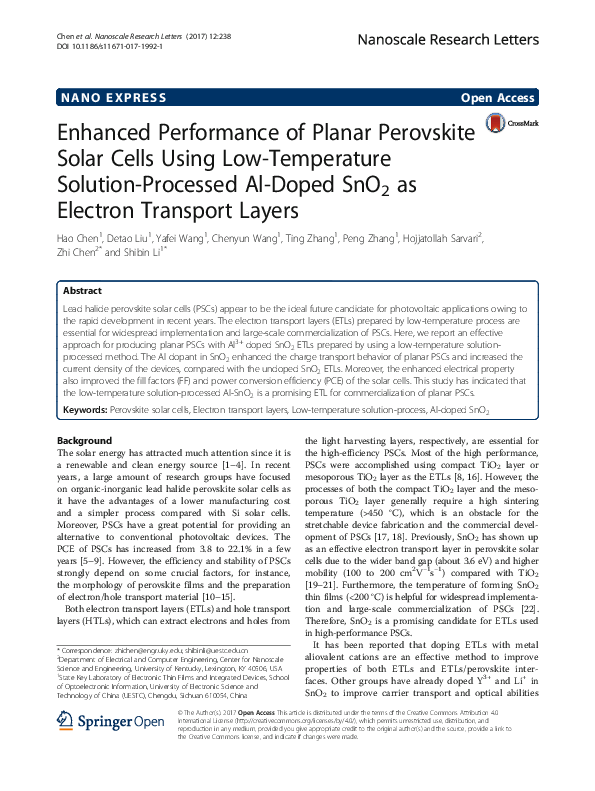 (PDF) Enhanced Performance of Planar Perovskite Solar Cells Using Low ...