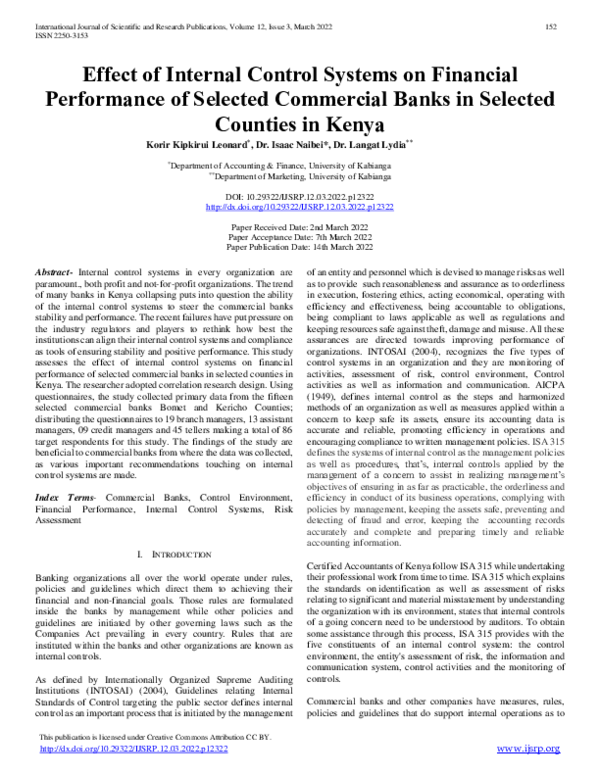 (PDF) Effect of Internal Control Systems on Financial Performance of ...