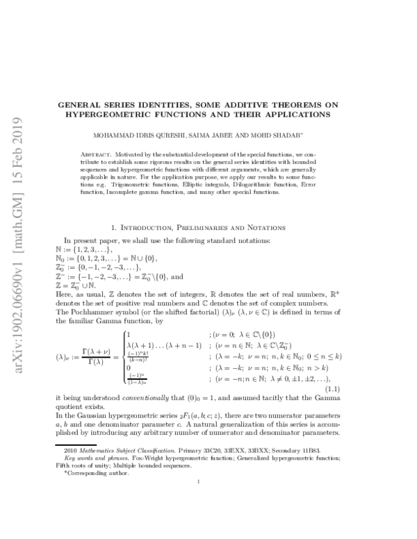 (PDF) General Series Identities Some Additive Theorems on Hypergeometric Functions and Their ...