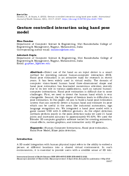(PDF) Gesture controlled interaction using hand pose model