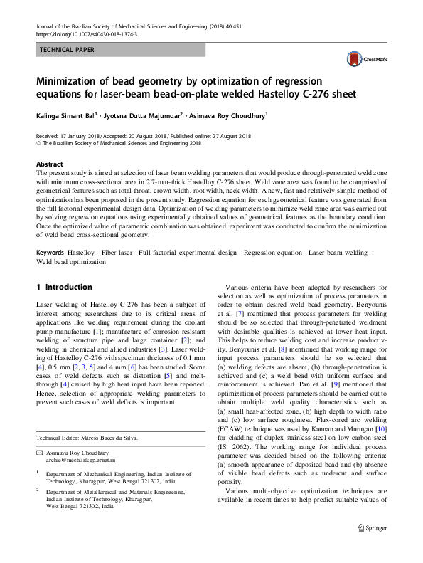 (PDF) Minimization of bead geometry by optimization of regression ...